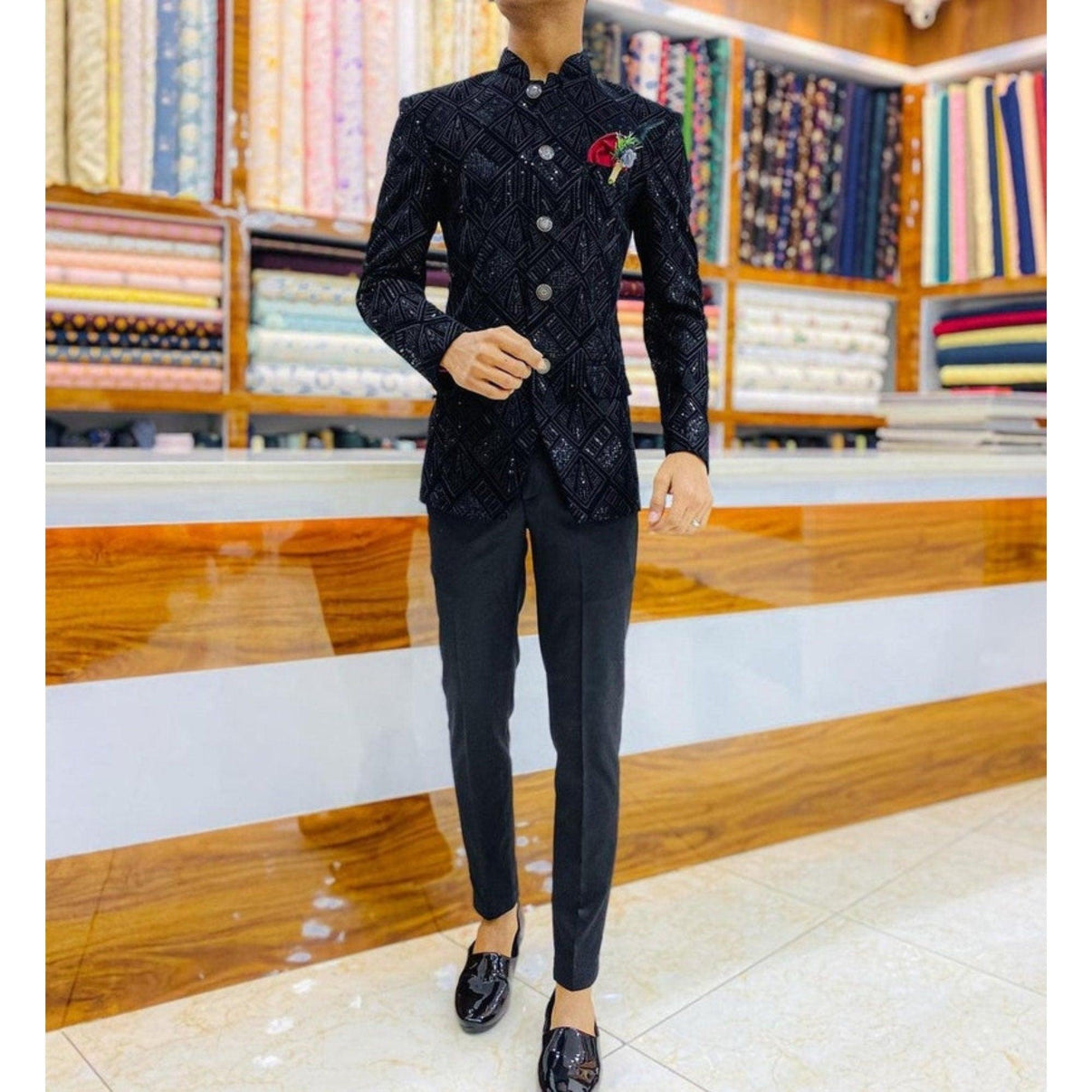 Custom Made Men Designer Indian Navy Blue Jodhpuri Suit In Sequins Wor ...
