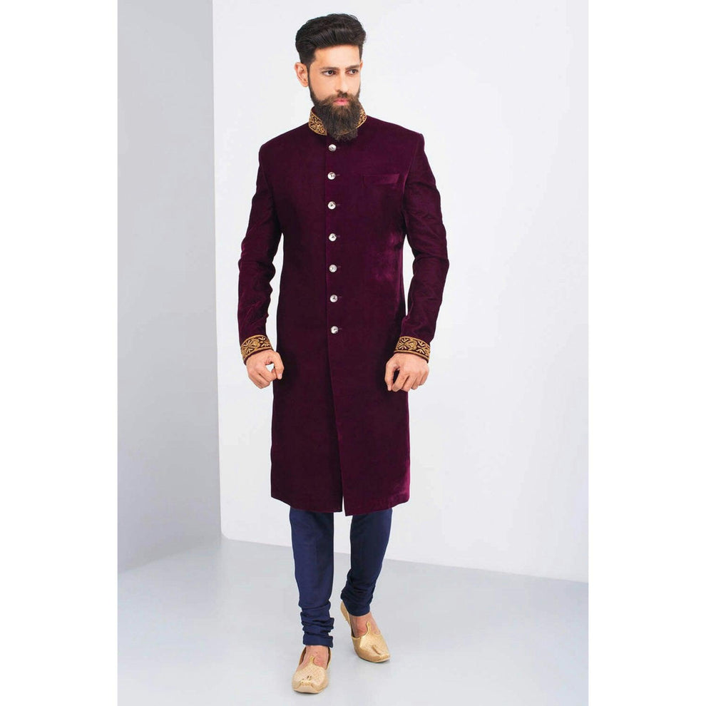Men designer velvet wedding sherwani , indian wedding purple sherwani ...