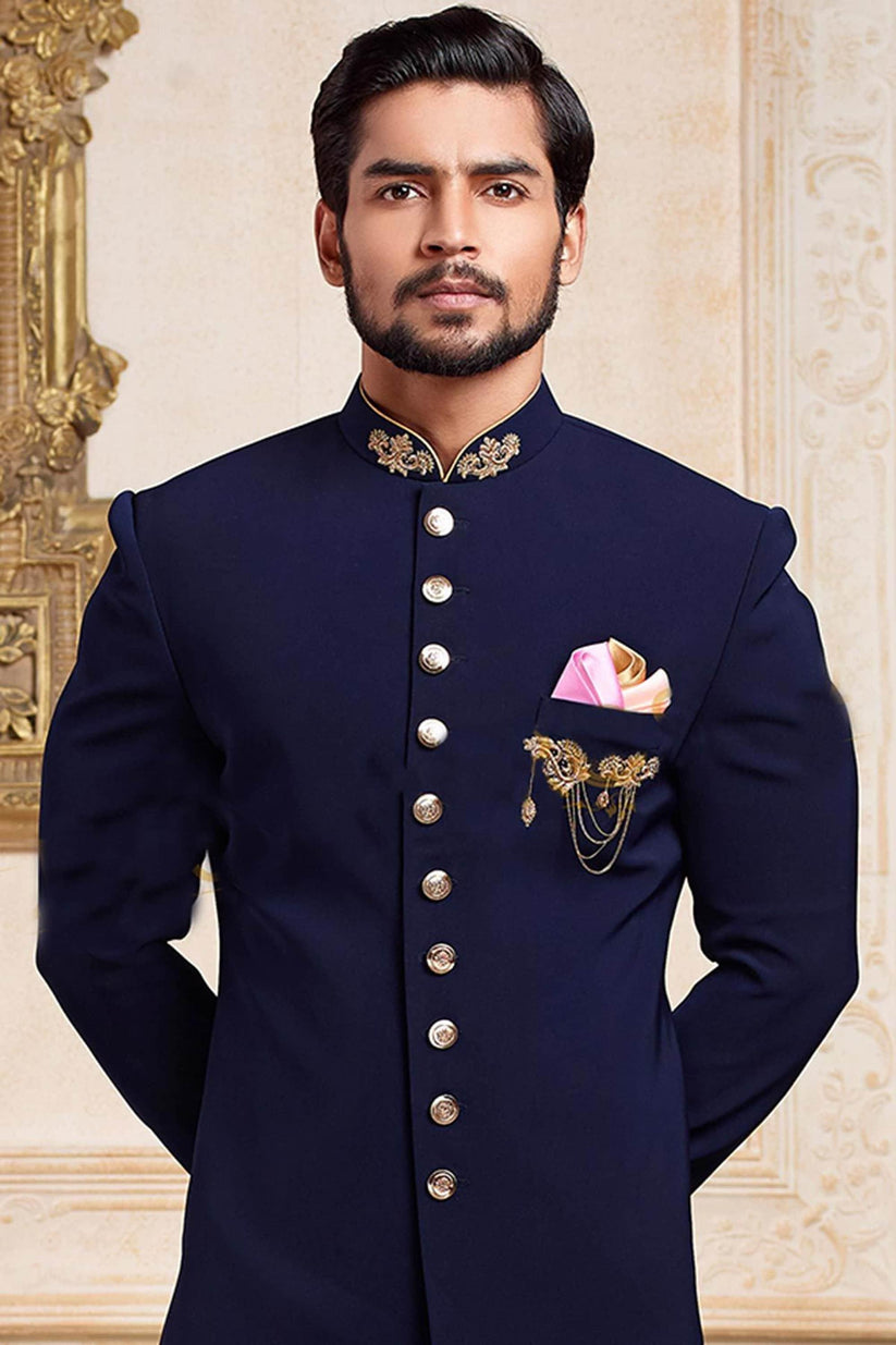 Men Navy Blue Embroidered Indian Wedding Suit – Ethnic World